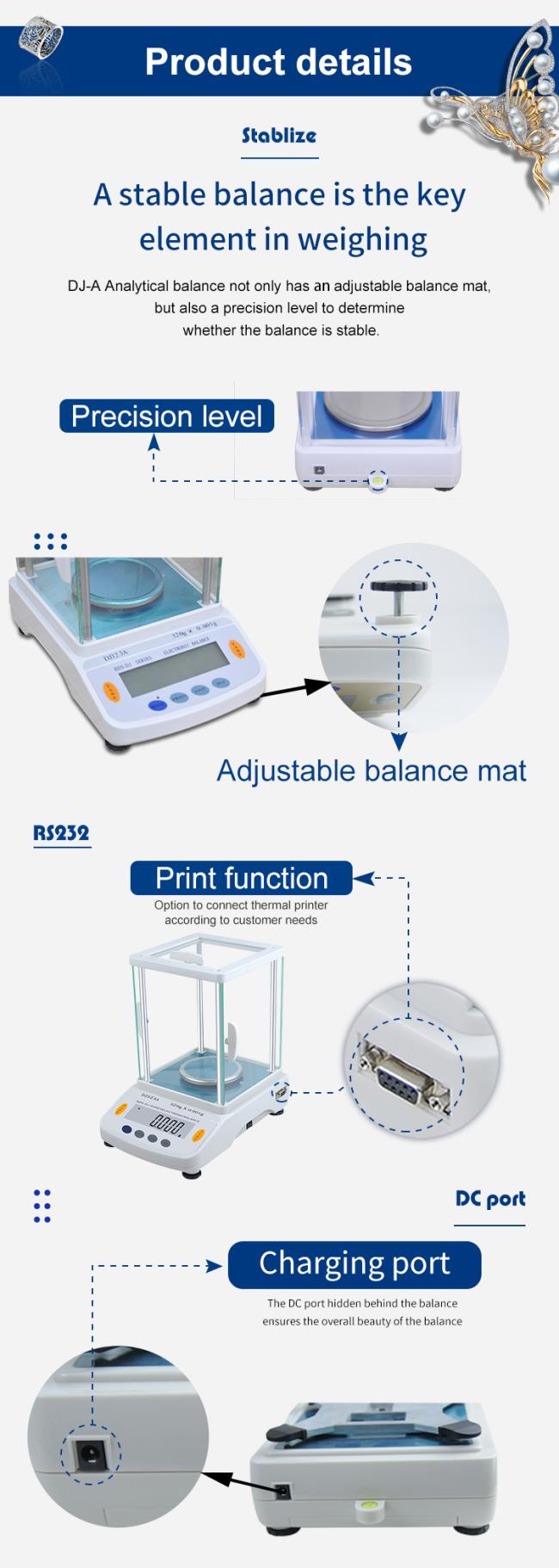 High Accuracy 0.001g Measuring Weight Tool Digital Scale with Glass Cover Analytical Lab Scales RS232 Printing Function
