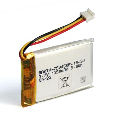 China Consumer Electronics Use Li-Pol Battery 753450P-1S-3J 3.7v 1350mah Rechargeable Li-Po Lithium Ion Batteries Pack for sale