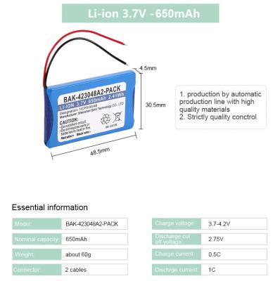 Cina Batteria Li-Ion quadrata di piccole capacità ricaricabile 423048A2 3.7V 650mAh per prodotto digitale in vendita
