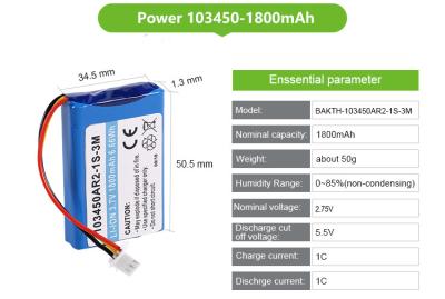 China Led Flash Light IOT Lithium Battery Pack BAKTH-103450AR2-1S-3M 3.7V 1800mAh Real Capacity Li Ion Batteries for sale