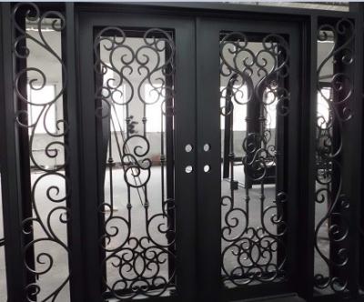 China Flat Top Wrought Iron Double Door With Side lights for sale