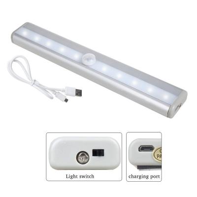 China USB Rechargable Closet Lights Motion Sensor 10 LED Portable Wireless Light Bar with Magnetic Strip Stick-on Anywhere for sale