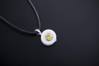 China Big Yellow CZ With Fine Black Leather Chains Ceramic Silver Necklace In Rhodium Plated for sale