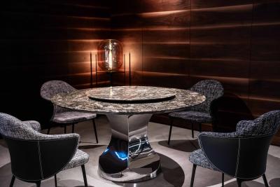 China Custom Luxury Round Dining Table with Marble Top and Sculptural Polished Metal Base with Integrated Lazy Susan for sale