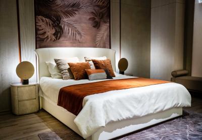 China Modern Luxury White Upholstered Bed Frame, High Curved Headboard Platform Bed for Master Bedroom & Villa for sale