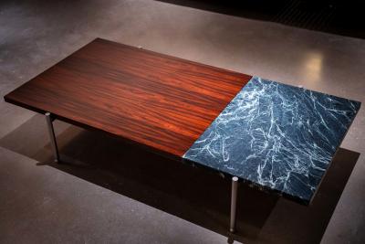 China Modern Luxury Rectangular Coffee Table, Green Marble & Rosewood Top with Grey Sand Steel Legs for Living Room for sale
