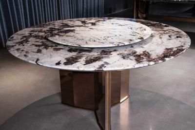 China Modern Luxury Round Dining Table, Imported Snow Blue Luxury Stone Top with Rotating Tray & Metal Base for sale