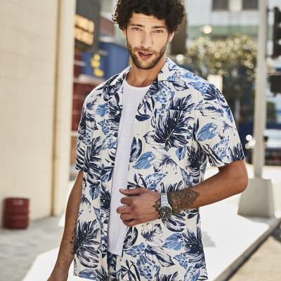 Cina La frescura blu su ordinazione di tela delle camice hawaiane di 100% tropicale abbottona la camicia in vendita