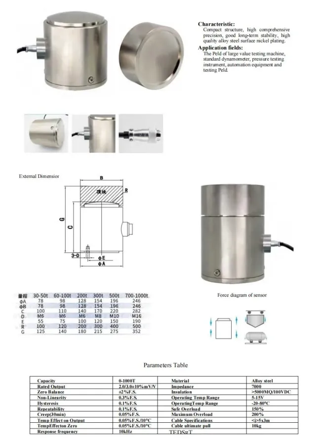 Direct Manufacturer Column Load Cell 50 Ton Force Sensor Load Cell for Industry Weighing