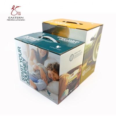 China Bulk Cardboard Shipping Boxes | Folded CMYK Corrugated Paper Box Stamped Packaging With Handle for sale