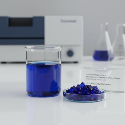 China Identification Shows Absorbance Of Maximum At 604 608nm Dark Blue Liquid Or Crystal Cosmetic Raw Materials Water Less Than 01 Percent for sale