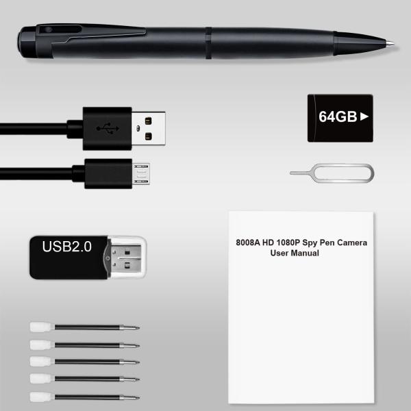 Quality Black Miniature Spy Camera , 1080P Mini Hidden Pen Camera With 64GB SD Card for sale