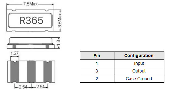 LT-SR-365-3070 SAW Resonator dimensional drawing showing exact measurements in millimeters
