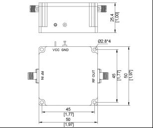 LT-PA series power amplifier dimensional drawing showing 50×50×25.4 mm measurements