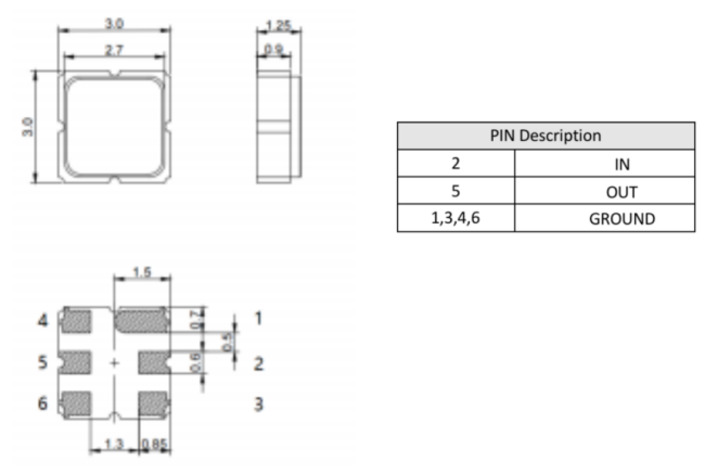 Technical drawing of LT-SF-1697M-2M-3030 RF SAW Filter showing dimensions and mounting details