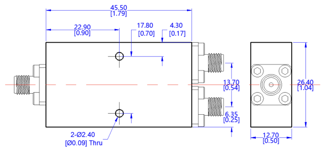 Technical drawing of LT-PD-2S-020080 2-Way Power Divider showing dimensions and connector placement