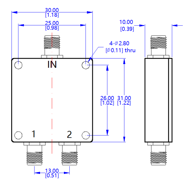 Technical drawing of LT-PD-2S-040080-1 2-Way Power Divider showing dimensions and connector placement