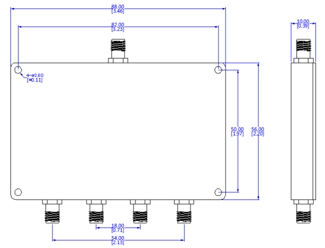 Technical drawing of LT-PD-4S-006027 4-Way Power Divider showing dimensions 88×56×10 mm