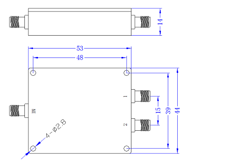 Mechanical drawing of LT-PD-2S-005010 power divider showing dimensions 53×44×14 mm