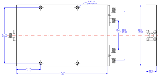 Mechanical drawing of LT-PD-4S-010180 4-Way Power Divider showing dimensions in millimeters