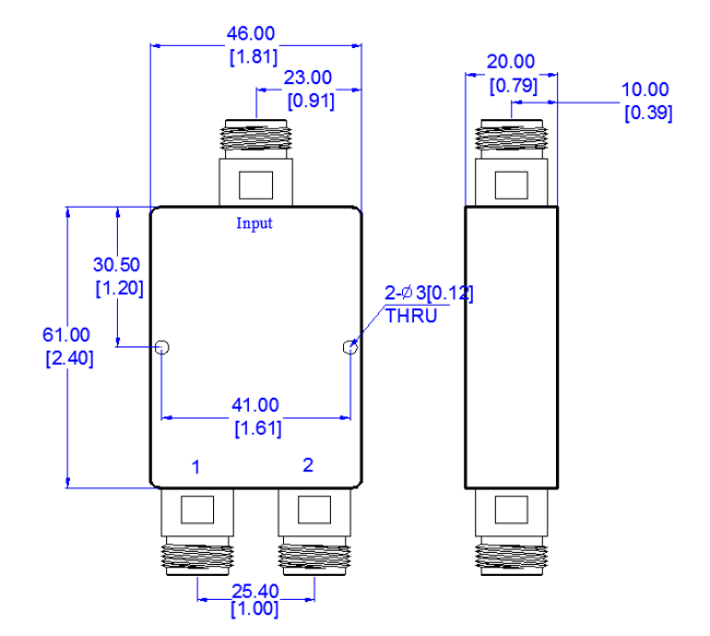Technical drawing of LT-PD-2S-007027 2-Way Power Divider showing dimensions and connector placement