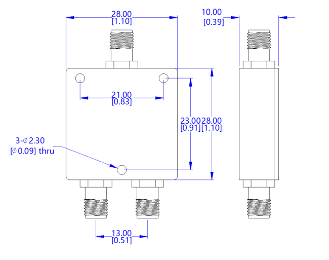 Outline drawing of LT-PD-2S-020040 2-Way Power Divider showing dimensions 28x28x10 mm