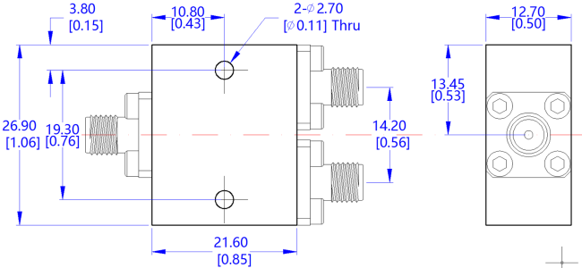 Technical outline drawing of LT-PD-2S-180400 2-Way Power Divider with dimensions