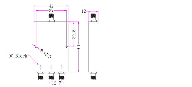 Technical drawing of LT-PD-3S-011018 3-Way Power Divider showing dimensions (61×42×12 mm)