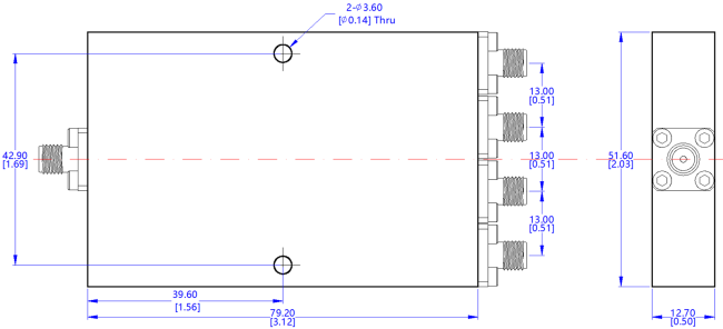 Technical drawing of LT-PD-4S-040080 4-Way Power Divider showing dimensions and connector placement