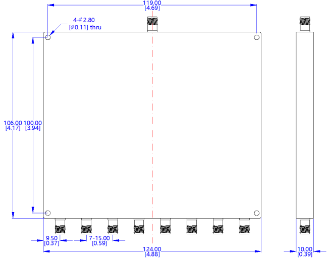 LT-PD-8S-010040 8-Way Power Divider outline drawing with dimensions 124x106x10 mm
