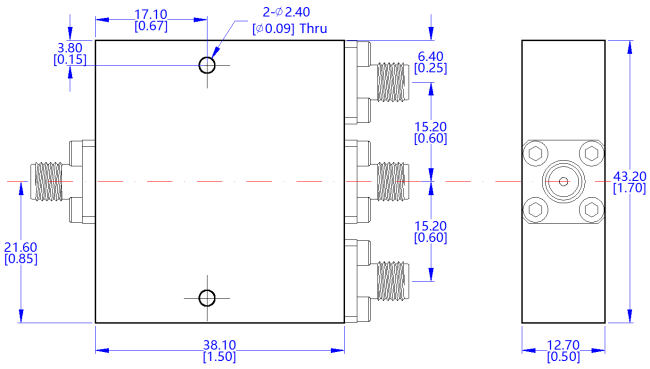 Technical drawing of LT-PD-3S-345355 3-Way Power Divider showing dimensions 38.1x43.2x12.7 mm