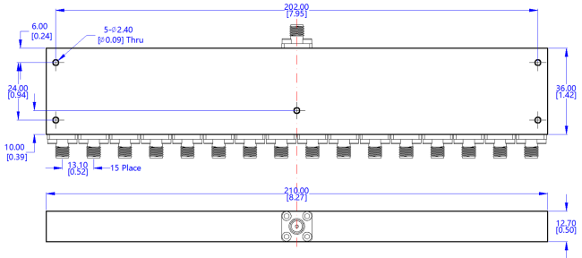 Technical outline drawing of LT-PD-16S-180400 16-Way Power Divider showing dimensions and connector placement