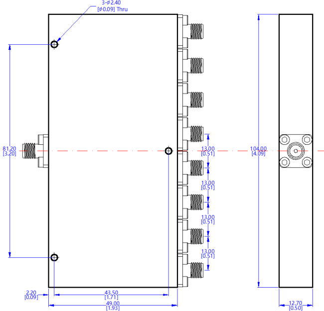 Technical drawing of LT-PD-8S-100400 8-Way Power Divider showing dimensions and connector placement