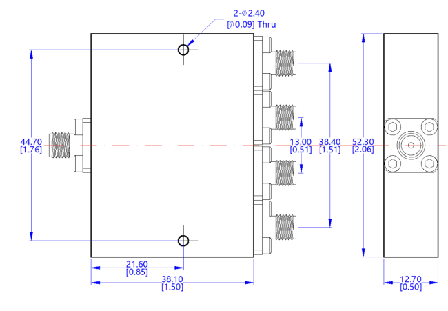 Technical drawing of LT-PD-4S-060265 4-Way Power Divider showing dimensions in millimeters