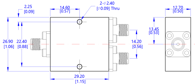 Technical outline drawing of LT-PD-2S-100400 2-Way Power Divider with dimensions