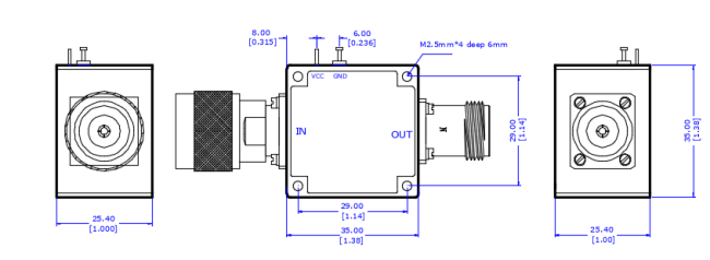 Outline drawing of LT-LA-007026-G30P0 amplifier showing dimensions 35x35x25.4 mm