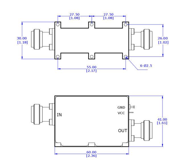 Technical drawing of LT-LA-022023-G35P19 amplifier showing dimensions 60x41x30 mm
