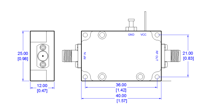 Outline drawing of LT-LA-000010-G25P0 amplifier showing dimensions 40x25x12 mm