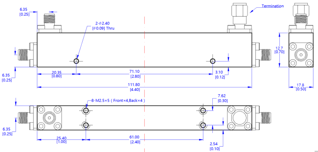 Technical outline drawing of LT-DC9-004180S-1 directional coupler showing dimensions 111.8x17.8x12.7 mm