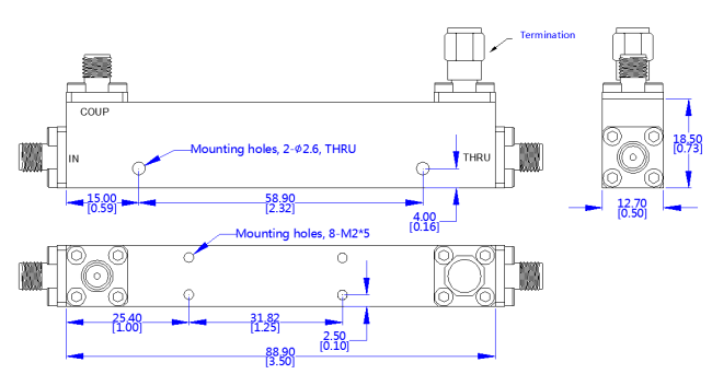Mechanical drawing of LT-DC10-010320K-1 directional coupler showing dimensions and connector placement