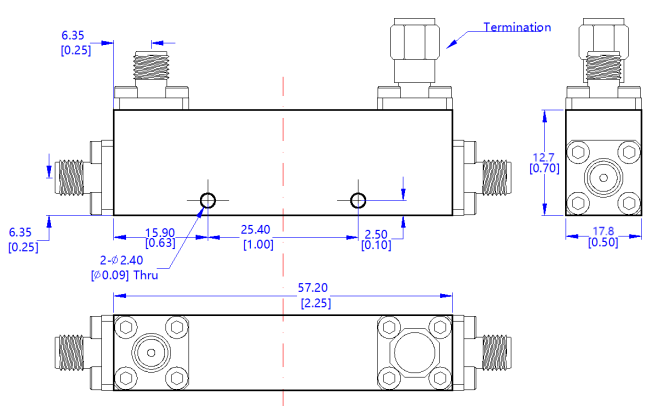 Technical outline drawing of LT-DC20-02050024 directional coupler showing dimensions 57.2×17.8×12.7 mm