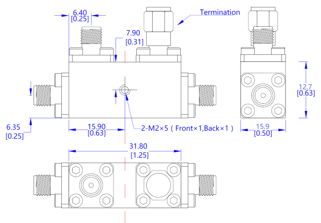 Technical drawing of LT-DC10-200430K 10dB Directional Coupler showing dimensions and connector placement