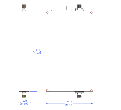 Technical drawing of LT-PA series power amplifier showing dimensions and connector placement