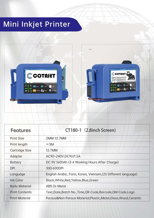 COTAJET Handheld Inkjet Printer front view showing compact design