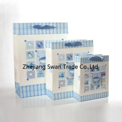 China full color printed carton style medium children gift bags with ribbon handle for sale