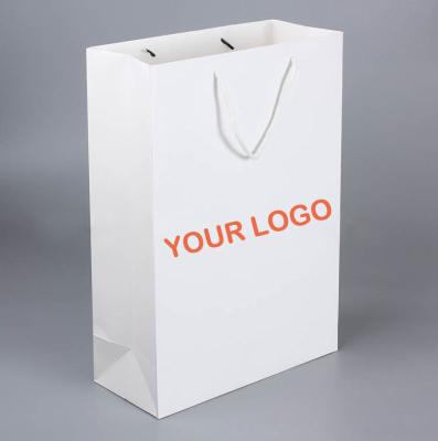 China custom brand logo printed white cardboard shopping paper bags with cotton handles for sale