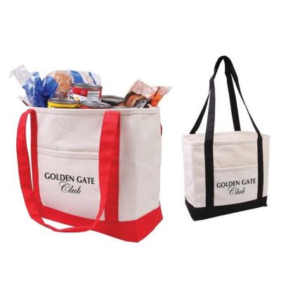 China custom logo printed reusable two-tone design canvas hand bags with outside pocket for sale