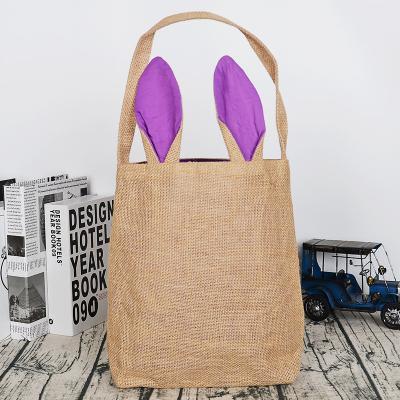 China medium capacity purple easter bunny jute gift handle bags with custom logo printing for sale