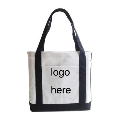 China reusable two-tone design personalzied logo canvas grocery bags with outside pocket for sale