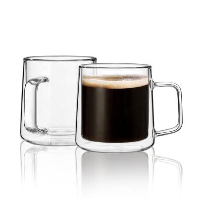 China High Borosilicate Glass Tea Cup 12oz Double Wall Coffee Mug with Handle GW/Box 520 g for sale